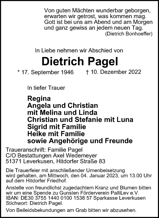 Traueranzeigen von Dietrich Pagel | Trauer-in-NRW.de