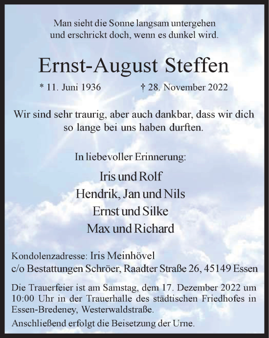 Traueranzeigen von Ernst-August Steffen | Trauer-in-NRW.de