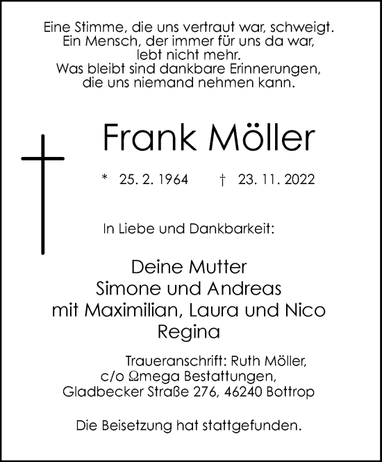 Traueranzeigen von Frank Möller | Trauer-in-NRW.de