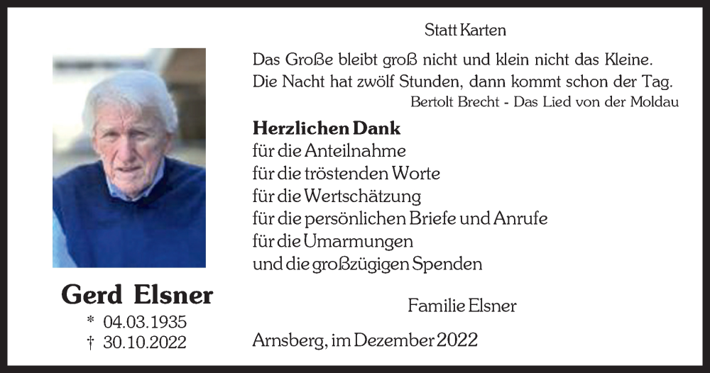 Traueranzeigen von Gerd Elsner | Trauer-in-NRW.de