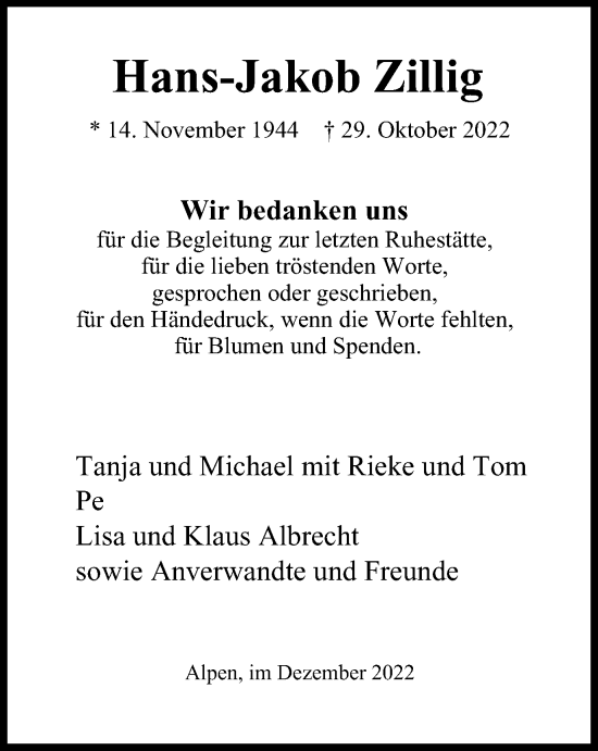 Traueranzeigen von Hans-Jakob Zillig | Trauer-in-NRW.de