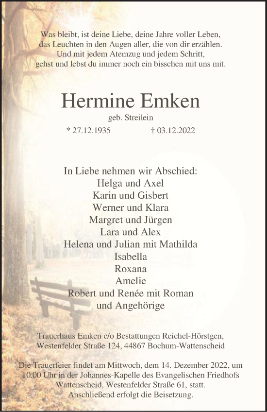 Traueranzeigen von Hermine Emken | Trauer-in-NRW.de