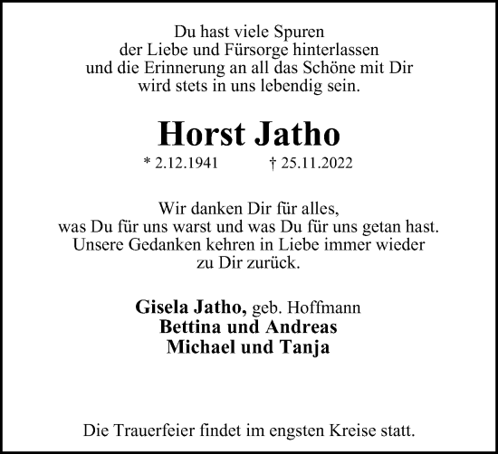 Traueranzeigen von Horst Jatho | Trauer-in-NRW.de