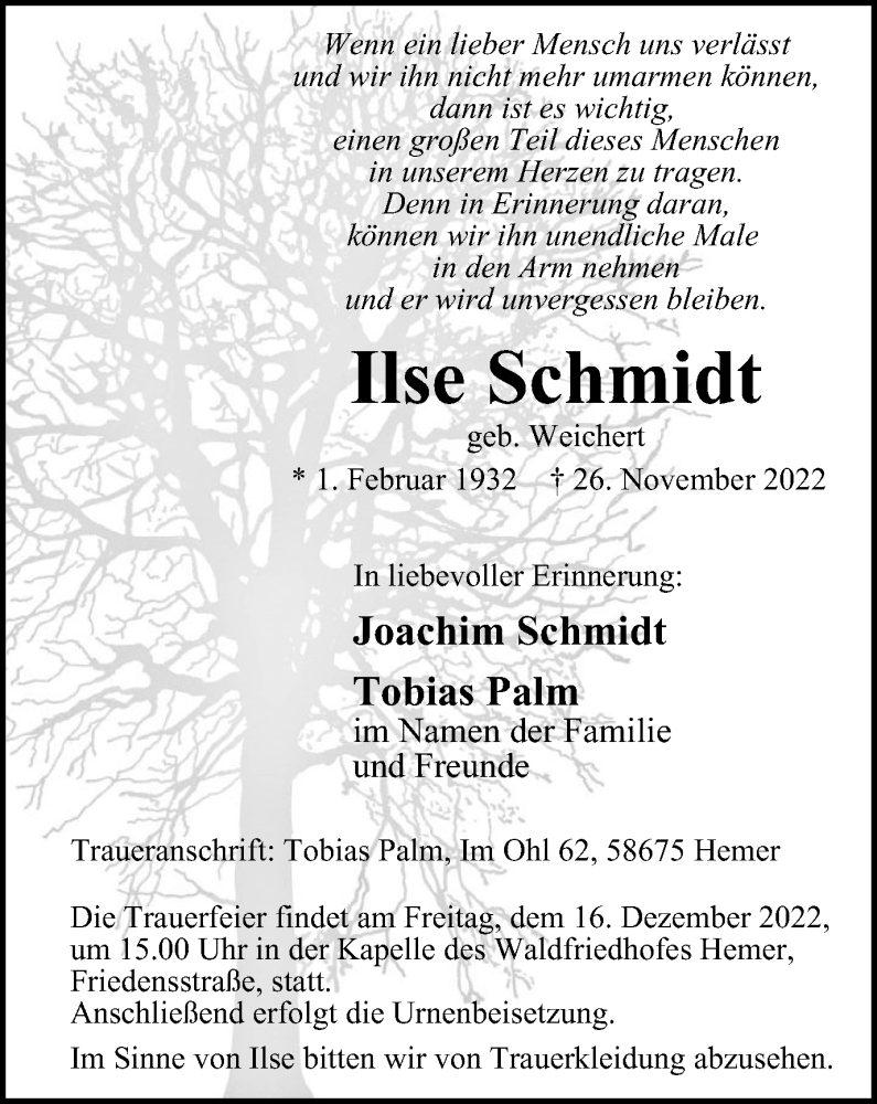 Traueranzeigen von Ilse Schmidt | Trauer-in-NRW.de