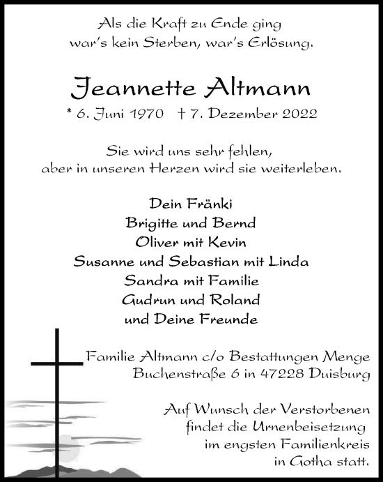 Traueranzeigen von Jeannette Altmann | Trauer-in-NRW.de