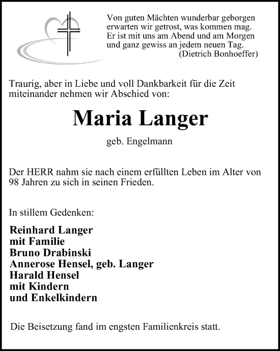 Traueranzeigen von Maria Langer | Trauer-in-NRW.de