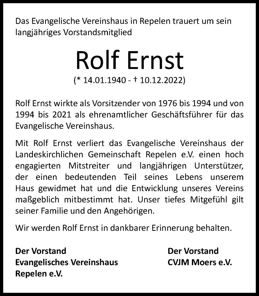 Traueranzeigen von Rolf Ernst | Trauer-in-NRW.de