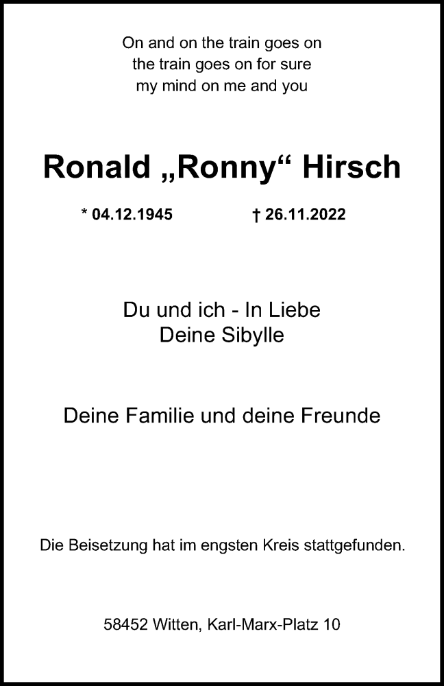 Traueranzeigen von Ronald Hirsch | Trauer-in-NRW.de