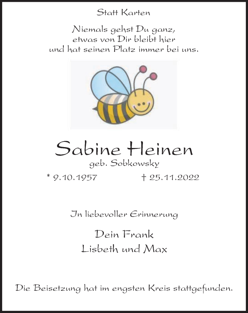 Traueranzeigen von Sabine Heinen | Trauer-in-NRW.de