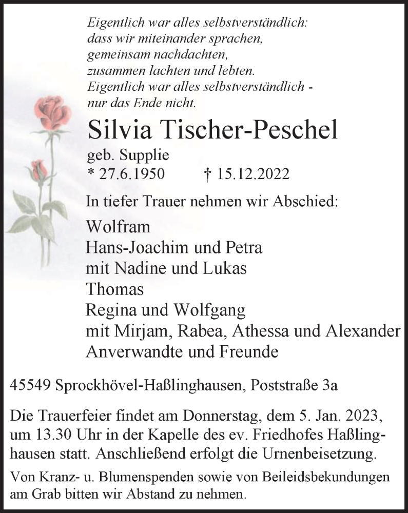 Traueranzeigen von Silvia Tischer-Peschel | Trauer-in-NRW.de