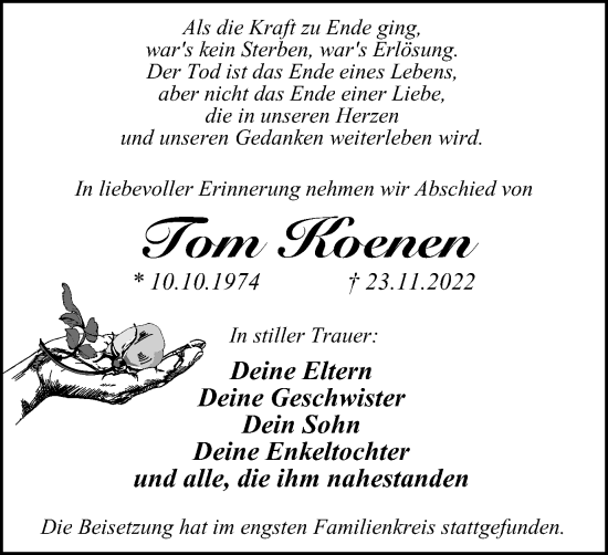 Traueranzeigen von Tom Koenen | Trauer-in-NRW.de