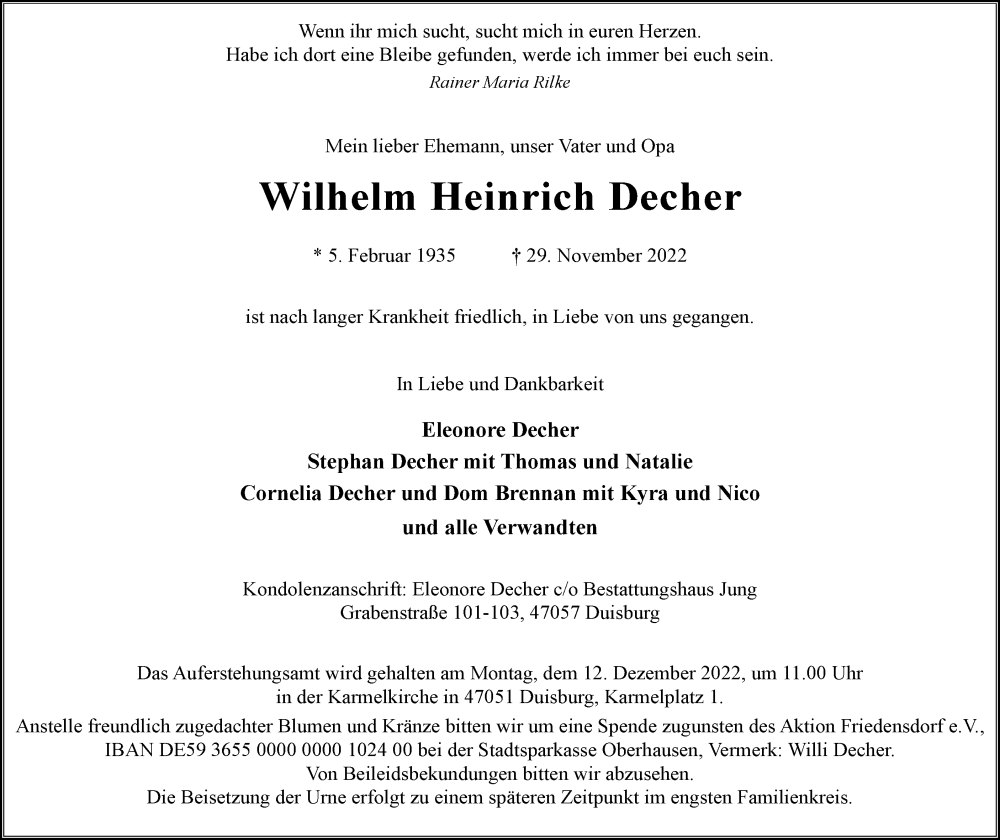 Traueranzeigen von Wilhelm Heinrich Decher | Trauer-in-NRW.de