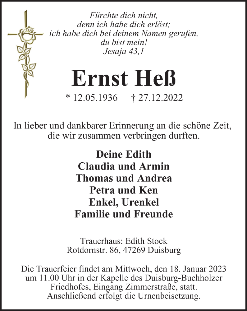 Traueranzeigen von Ernst Heß | Trauer-in-NRW.de