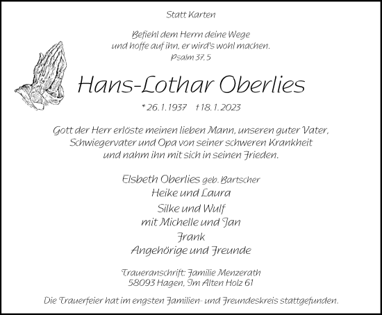 Traueranzeigen von Hans-Lothar Oberlies | Trauer-in-NRW.de