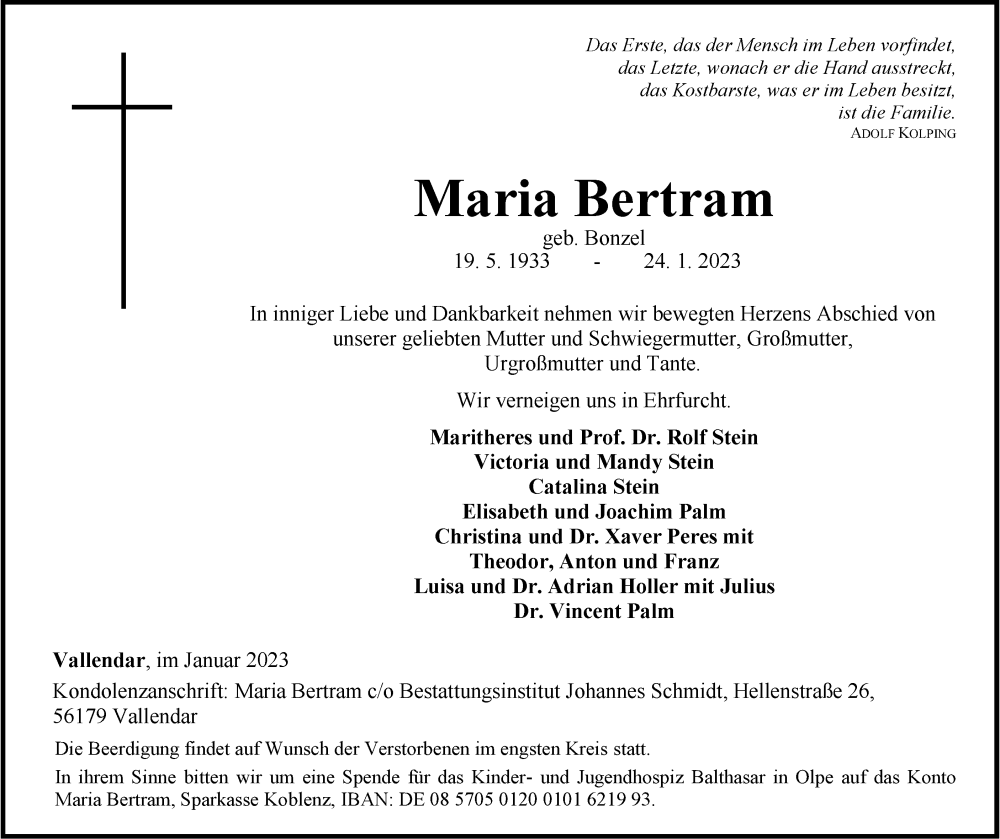 Traueranzeigen von Maria Bertram | Trauer-in-NRW.de