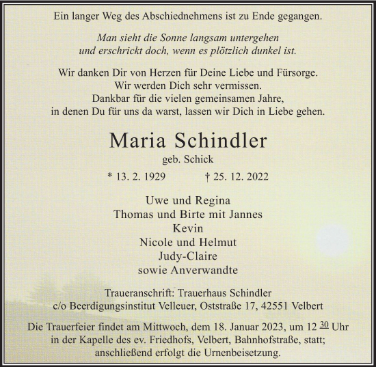Traueranzeigen von Maria Schindler | Trauer-in-NRW.de