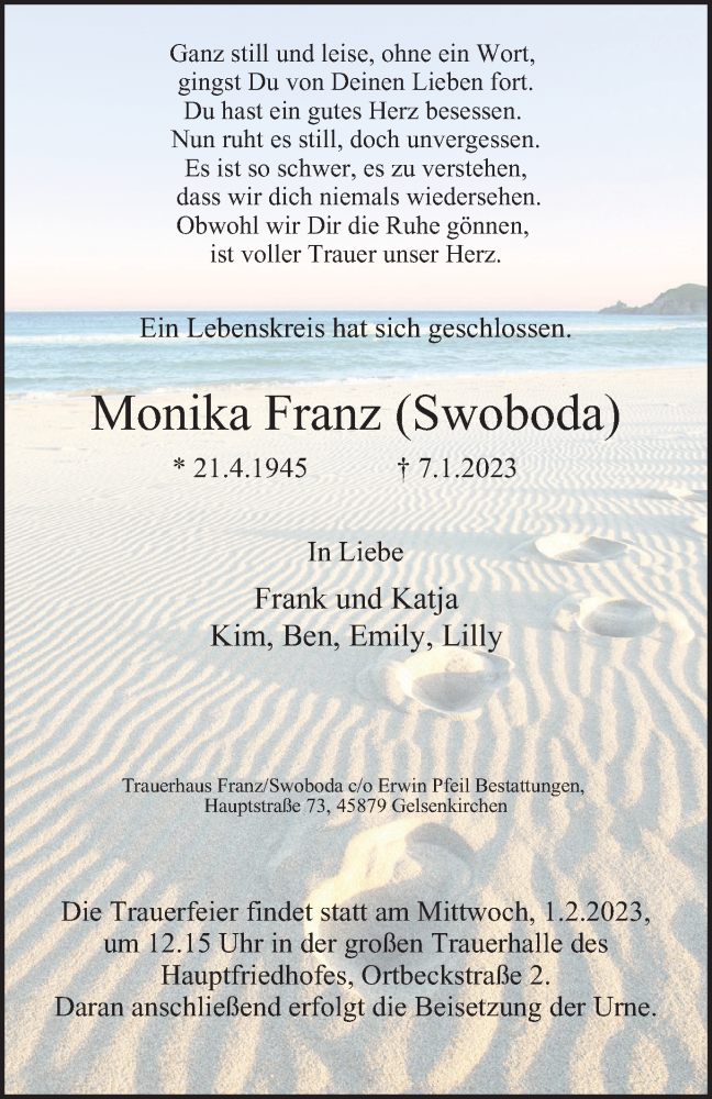 Traueranzeigen von Monika Franz | Trauer-in-NRW.de