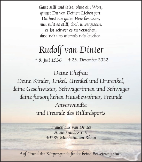 Traueranzeigen von Rudolf van Dinter | Trauer-in-NRW.de