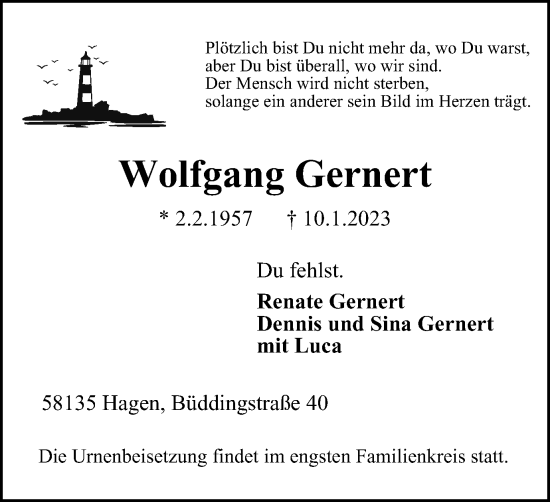 Traueranzeigen von Wolfgang Gernert | Trauer-in-NRW.de