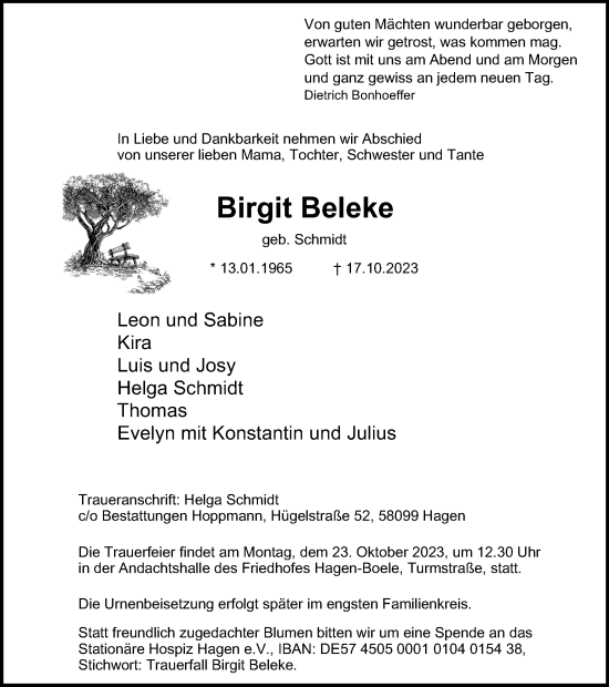 Traueranzeigen von Birgit Beleke | Trauer-in-NRW.de