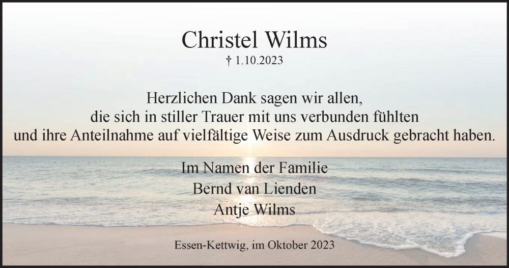 Traueranzeigen von Christel Wilms | Trauer-in-NRW.de
