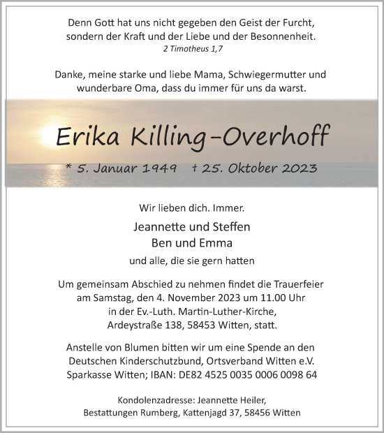 Traueranzeigen von Erika Killing-Overhoff | Trauer-in-NRW.de