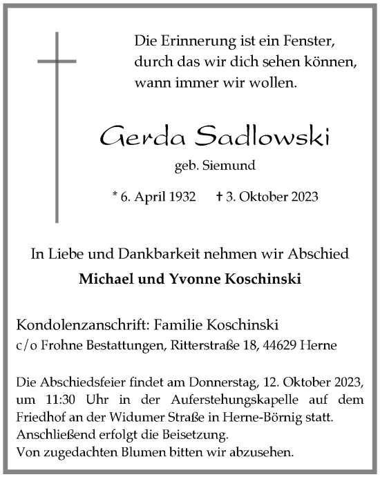 Traueranzeigen von Gerda Sadlowski | Trauer-in-NRW.de