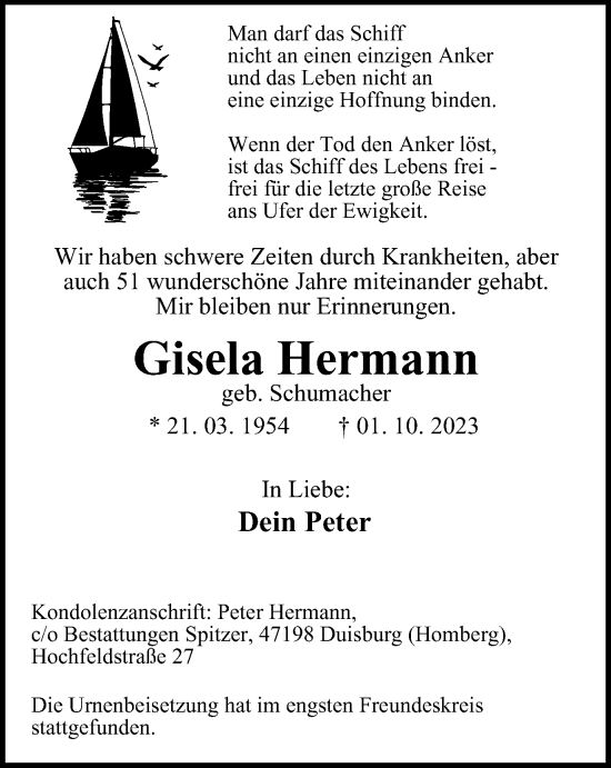 Traueranzeigen von Gisela Hermann | Trauer-in-NRW.de