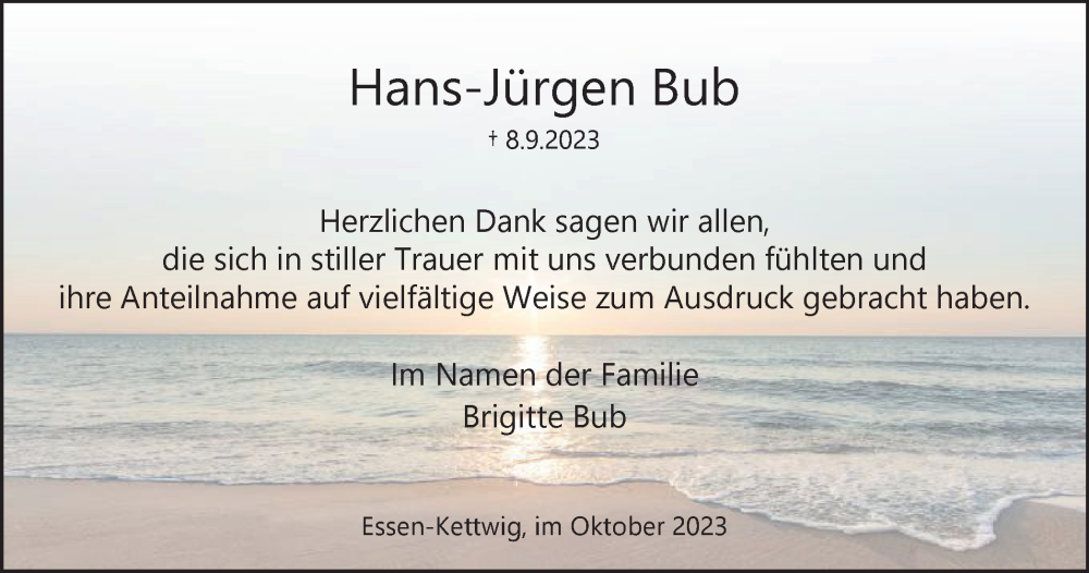 Traueranzeigen von Hans-Jürgen Bub | Trauer-in-NRW.de