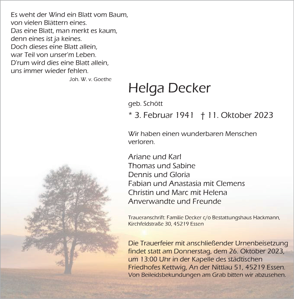 Traueranzeigen von Helga Decker | Trauer-in-NRW.de