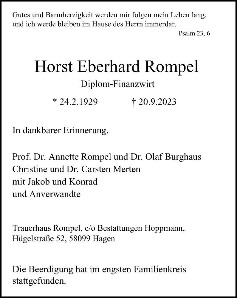 Traueranzeigen von Horst Eberhard Rompel | Trauer-in-NRW.de