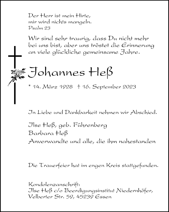 Traueranzeigen von Johannes Heß | Trauer-in-NRW.de