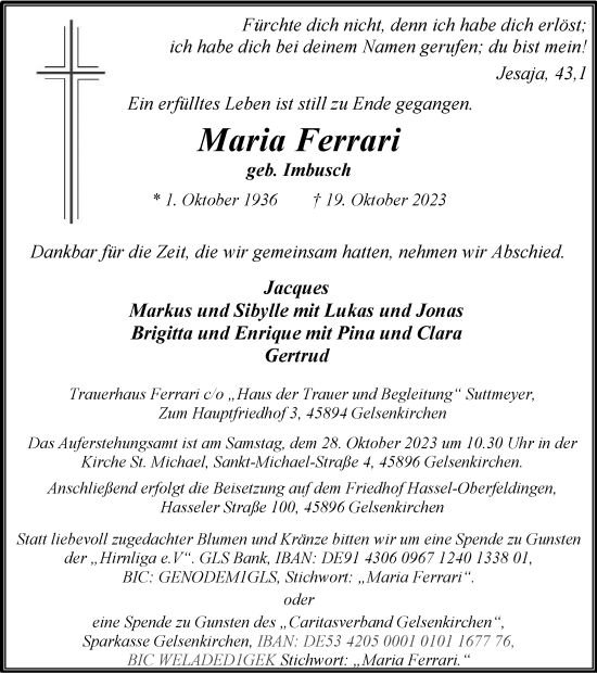Traueranzeigen von Maria Ferrari | Trauer-in-NRW.de