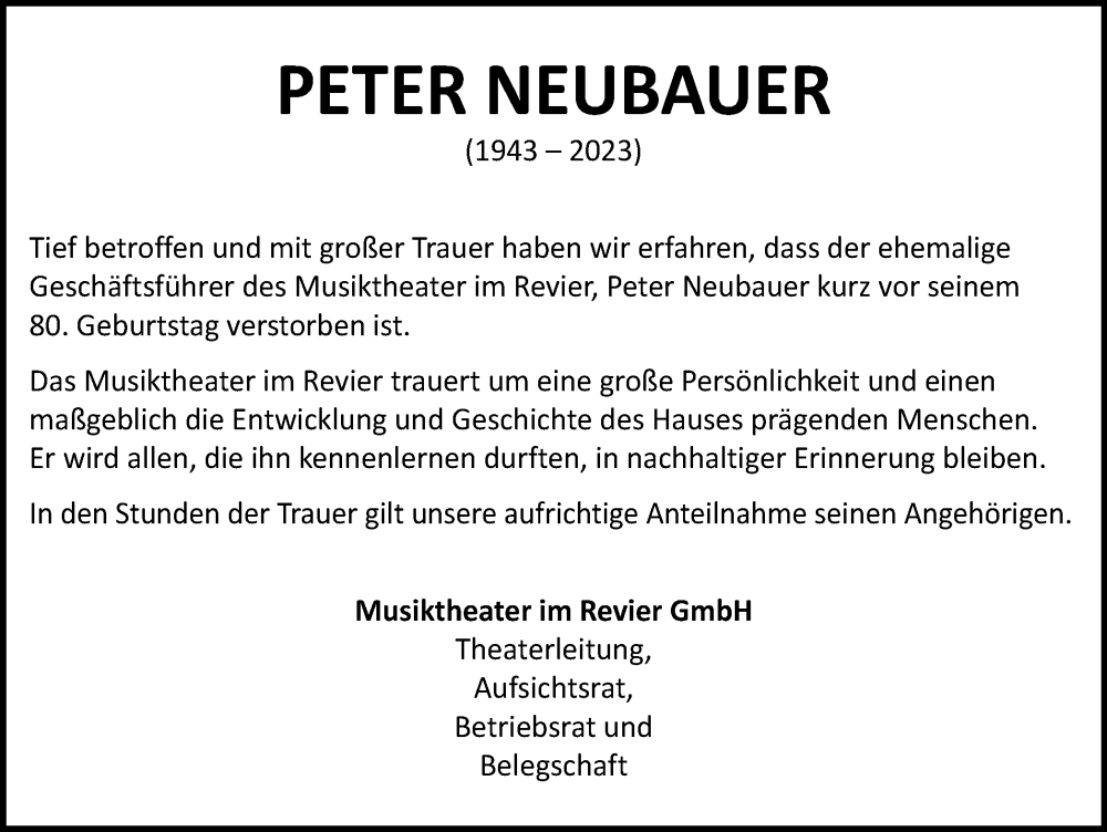 Traueranzeigen von Peter Neubauer | Trauer-in-NRW.de