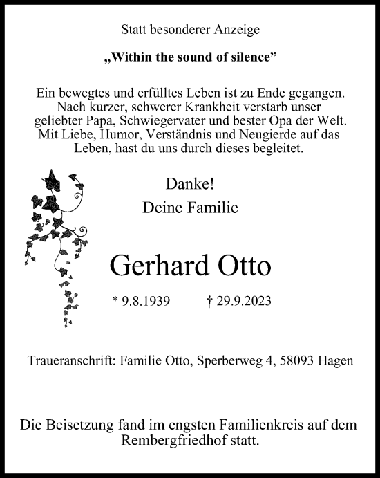 Traueranzeigen von Gerhard Otto | Trauer-in-NRW.de