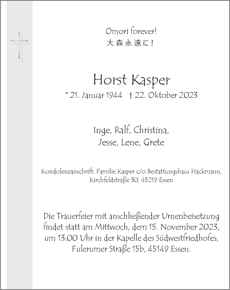Traueranzeigen von Horst Kasper | Trauer-in-NRW.de