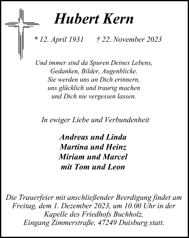 Traueranzeigen von Hubert Kern | Trauer-in-NRW.de