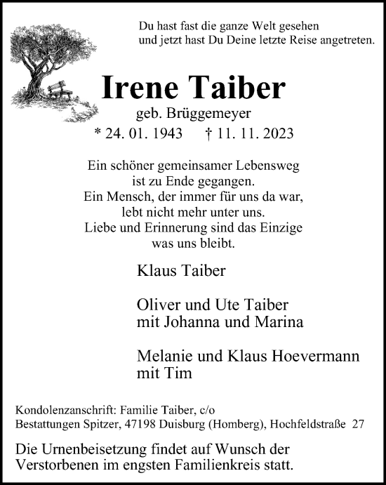 Traueranzeigen von Irene Taiber | Trauer-in-NRW.de