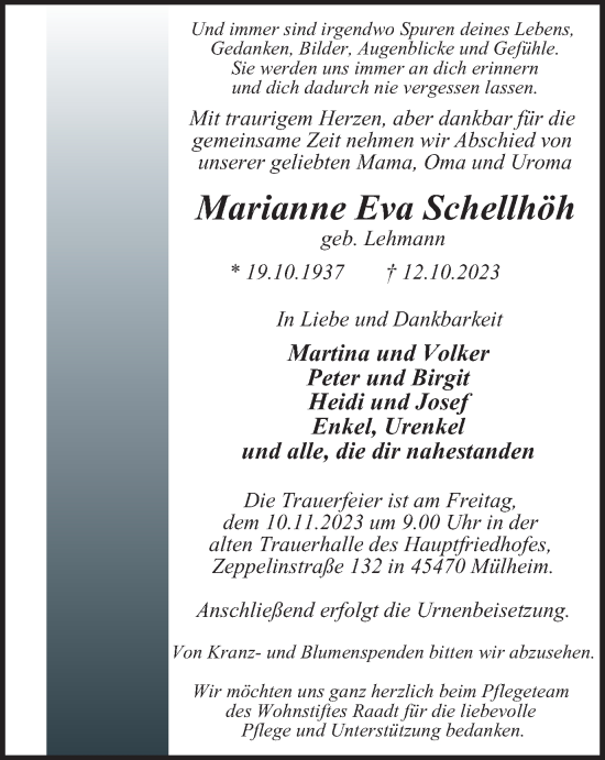 Traueranzeigen von Marianne Eva Schellhöh | Trauer-in-NRW.de