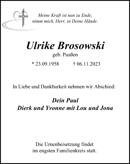Traueranzeigen von Ulrike Brosowski | Trauer-in-NRW.de
