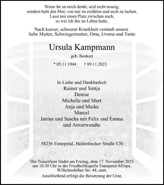 Traueranzeigen von Ursula Kampmann | Trauer-in-NRW.de