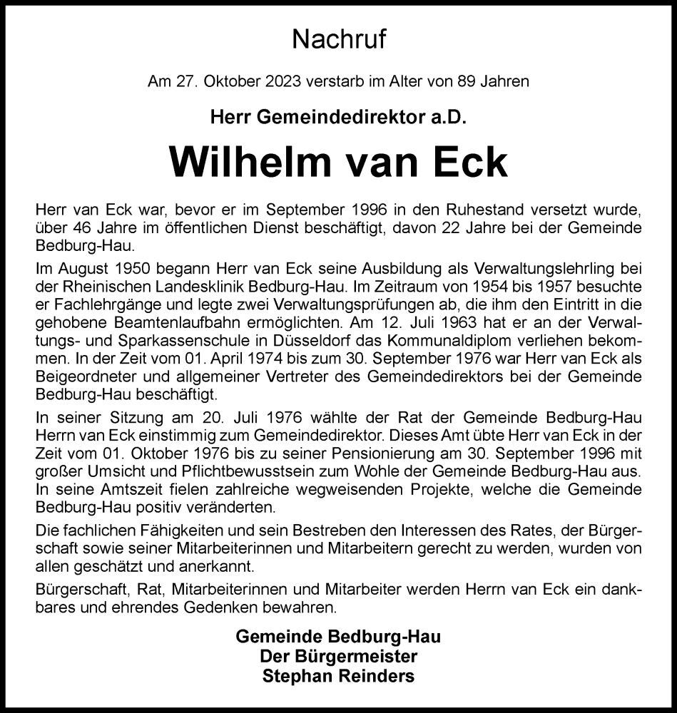 Traueranzeigen von Wilhelm van Eck | Trauer-in-NRW.de