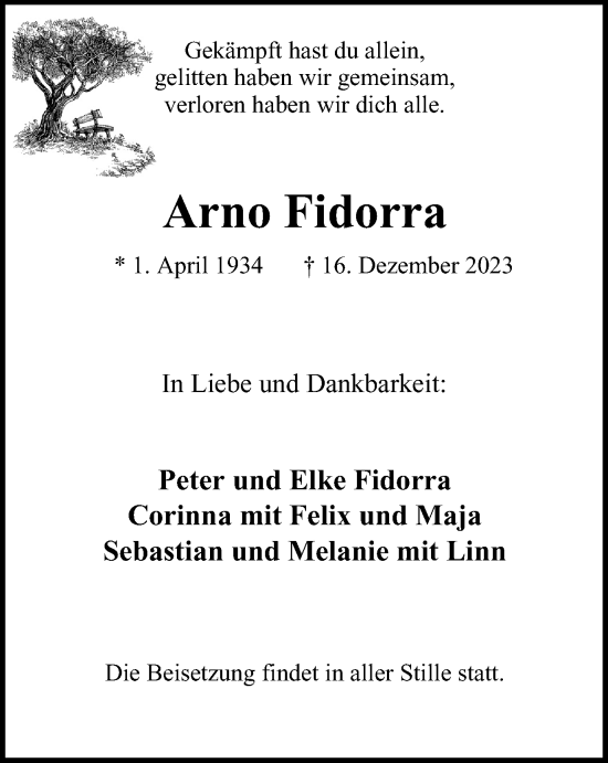 Traueranzeigen von Arno Fidorra | Trauer-in-NRW.de