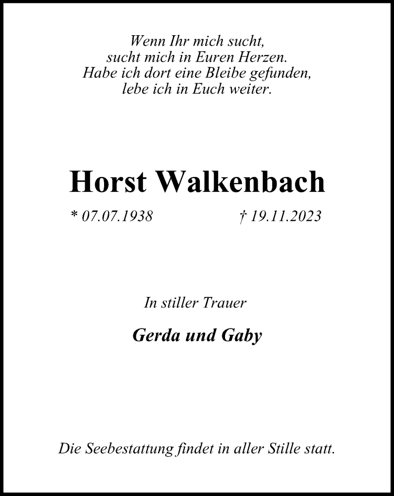 Traueranzeigen von Horst Walkenbach | Trauer-in-NRW.de