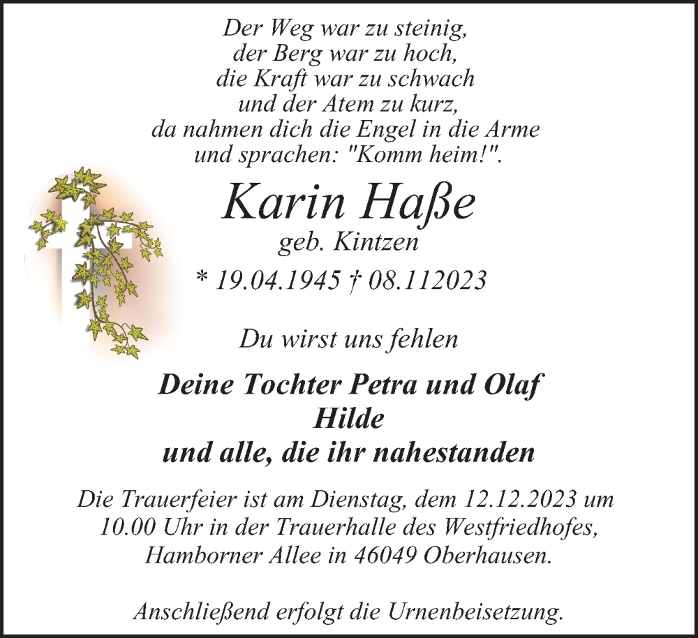 Traueranzeigen von Karin Haße | Trauer-in-NRW.de
