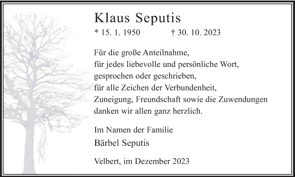 Traueranzeigen von Klaus Seputis | Trauer-in-NRW.de
