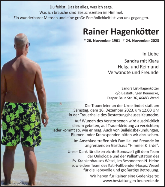 Traueranzeigen von Rainer Hagenkötter | Trauer-in-NRW.de
