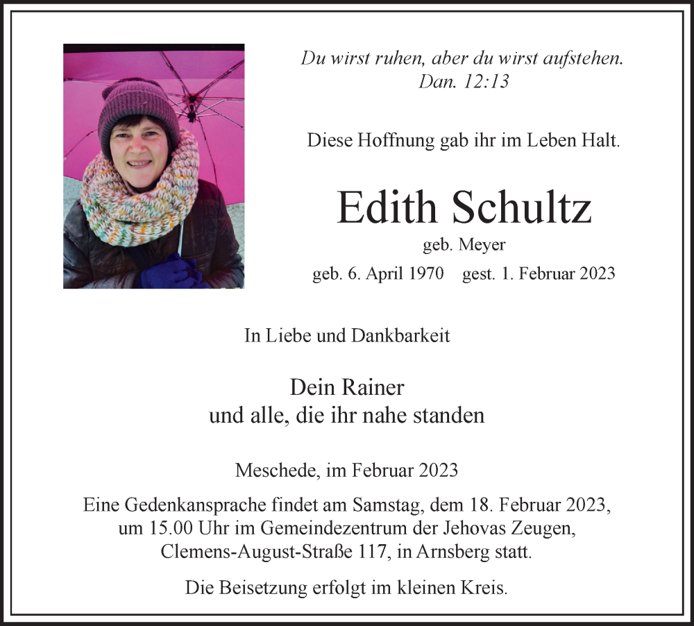 Traueranzeigen von Edith Schultz | Trauer-in-NRW.de
