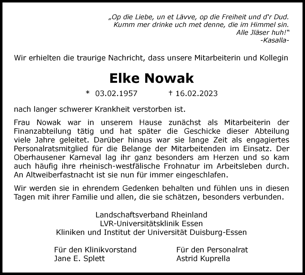Traueranzeigen von Elke Nowak | Trauer-in-NRW.de