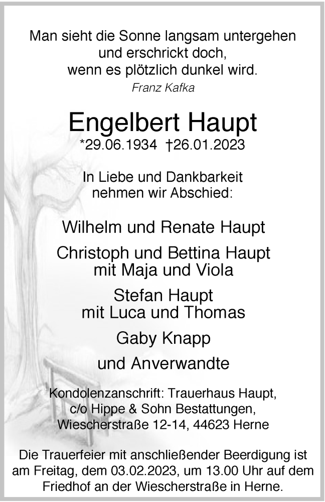 Traueranzeigen von Engelbert Haupt | Trauer-in-NRW.de